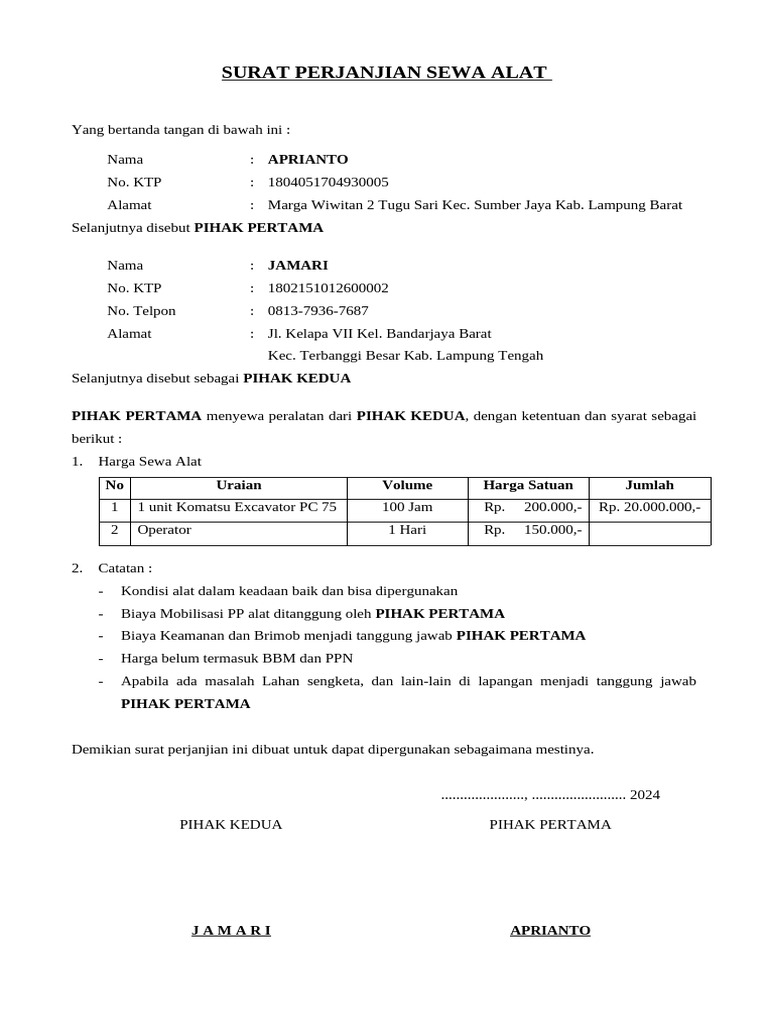 SURAT PERJANJIAN SEWA ALAT | PDF