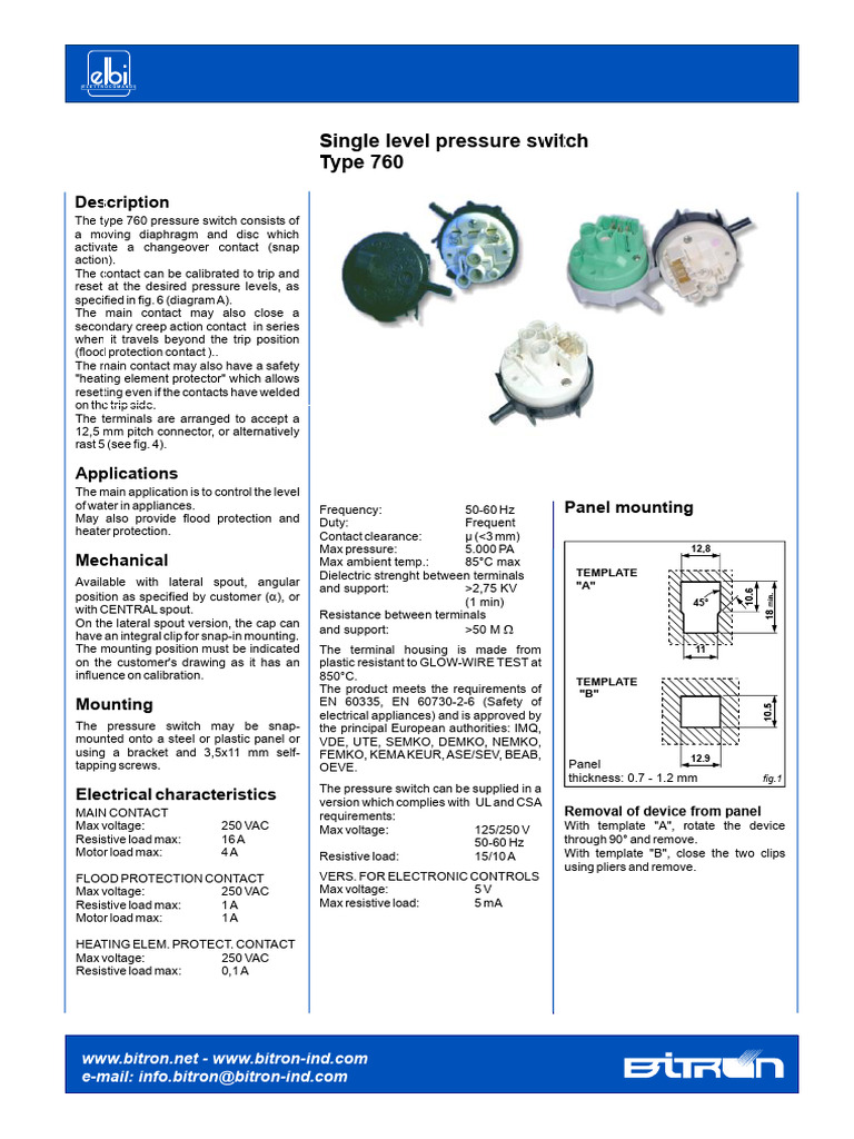 Washing machine pressure switch TYPE 760 (Công tắc áp lực máy rửa bát ...