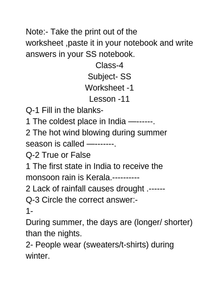 Worksheet - 1 Class - 3 Subject - SS | PDF | Teaching Methods & Materials