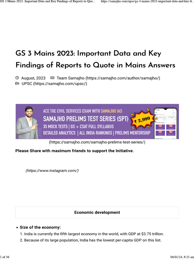 GS 3 Mains 2023 Important Data and Key Findings of Reports To Quote in ...
