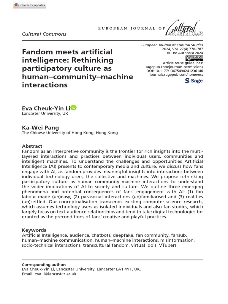 Li Pang 2024 Fandom Meets Artificial Intelligence Rethinking Participatory Culture As Human ...