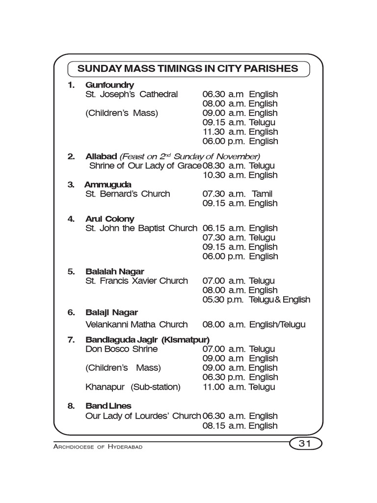 Hyderabad Church Mass Timings | PDF | Catholic Liturgy | Christian Worship And Liturgy