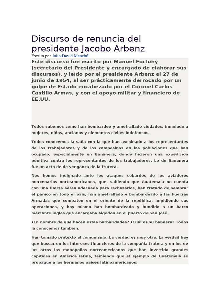 Discurso de Renuncia Del Presidente Jacobo Arbenz | PDF | Guatemala