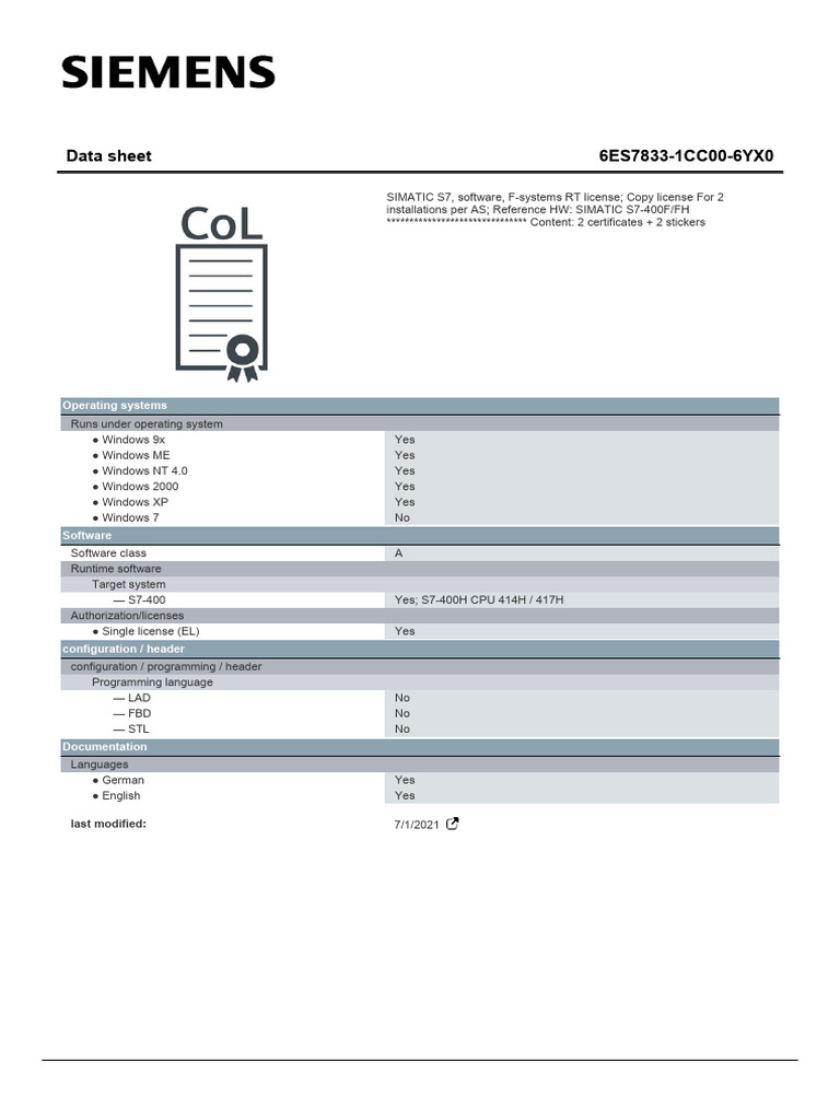 S7400H Safety Licance 6ES78331CC006YX0 Datasheet en | PDF