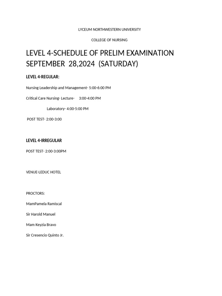 Level 4 Nursing Exam Schedule 2024 | PDF