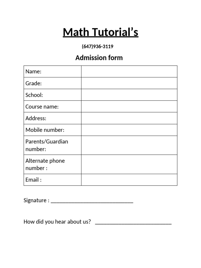 Math Tutorial Admission Form | PDF