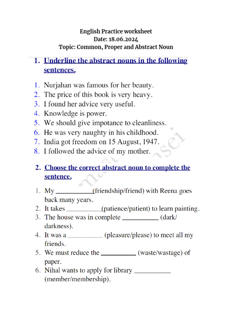 Common, Proper, Abstract Noun Practice Worksheet - Aayansh | PDF