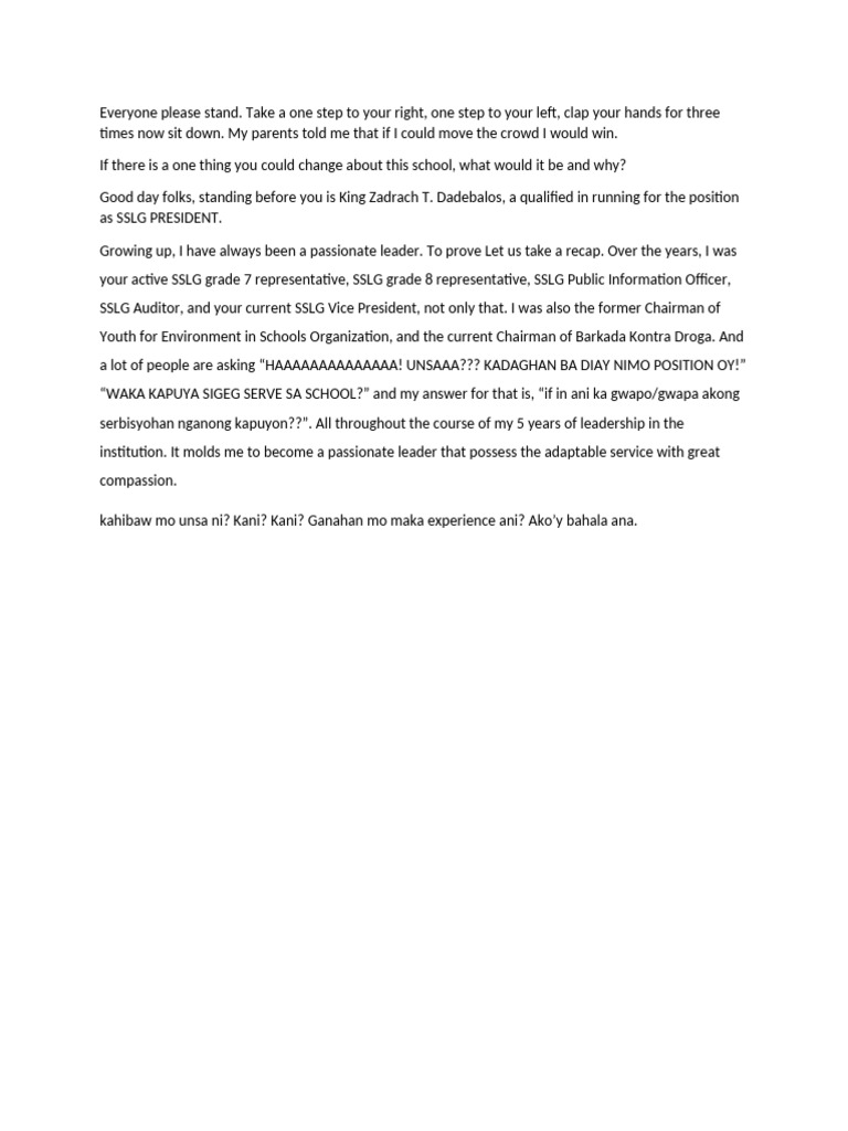 SSLG Presidential Candidate Speech | PDF | Lifestyle