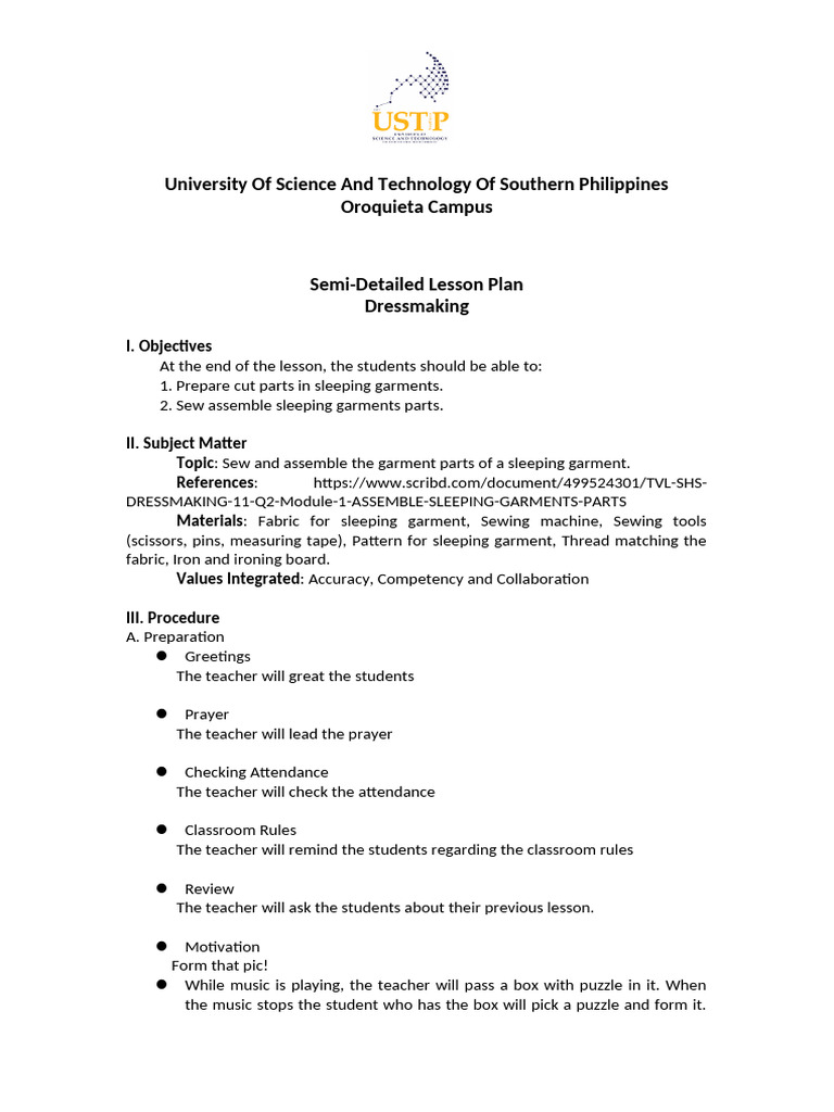 SEMI-DETAILED-LESSON-PLAN | PDF | Seam (Sewing) | Sewing