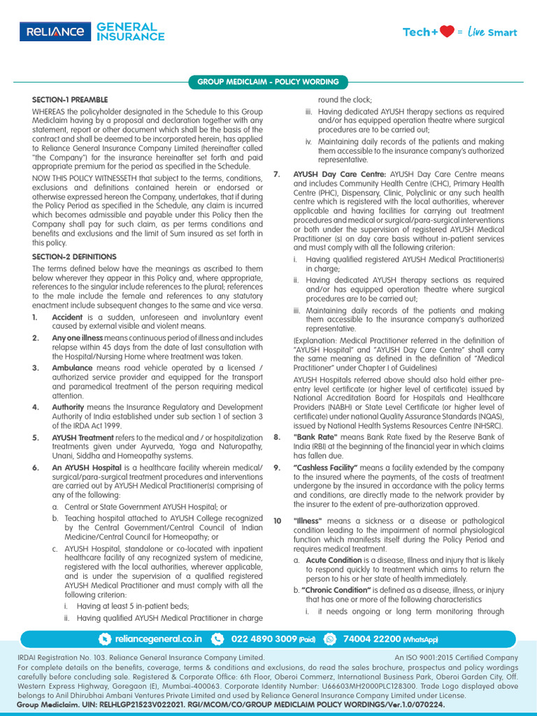 Group Mediclaim Policy Wording Guide | PDF | Insurance | Hospital