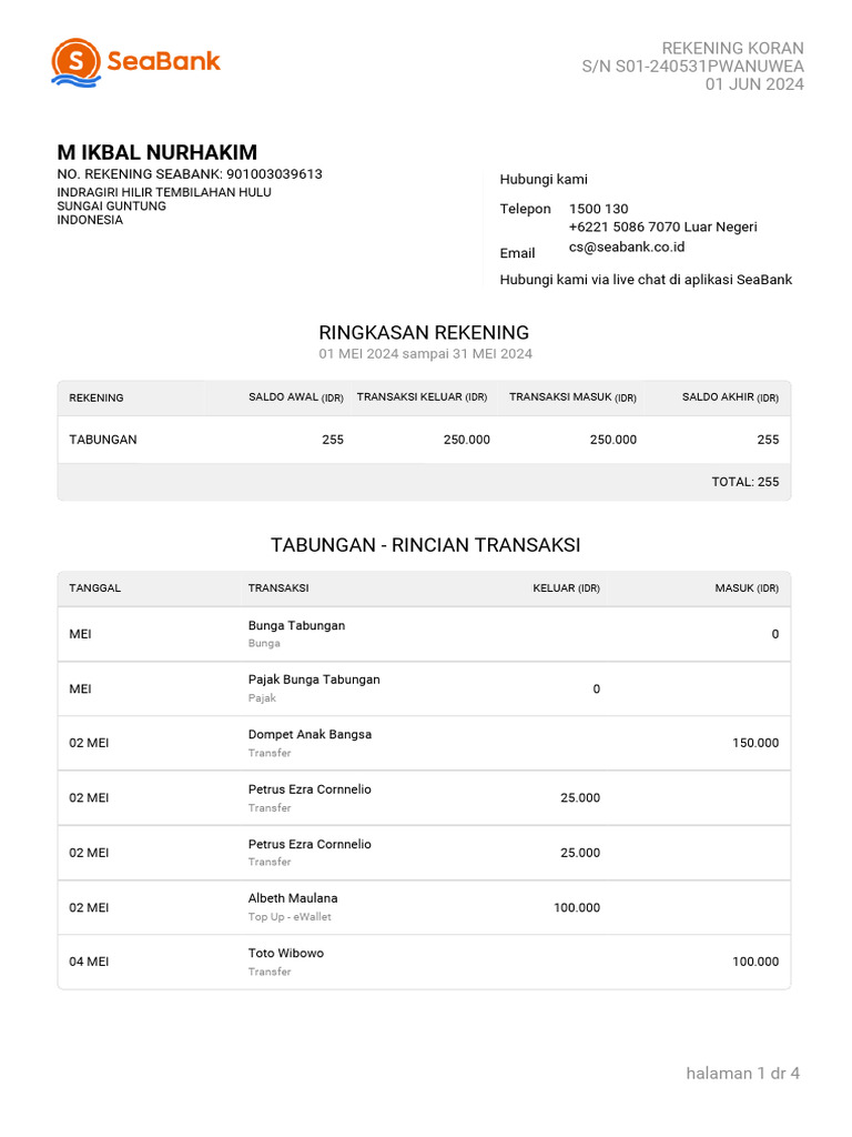 Rekening Koran Mei 2024 SeaBank | PDF