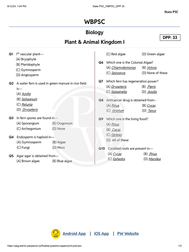 Biology _ DPP 33 (of Lec 38) (1) | PDF | Fern | Organisms