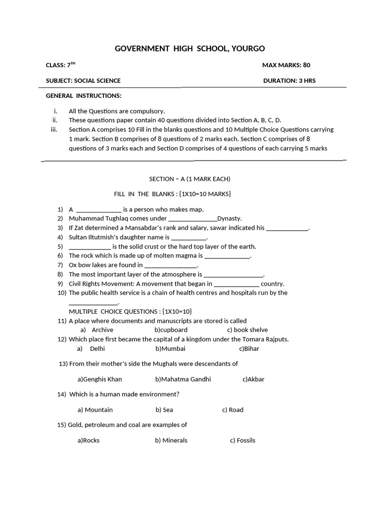Class 7th Social Science Term 1 Question Paper | PDF | Rock (Geology ...