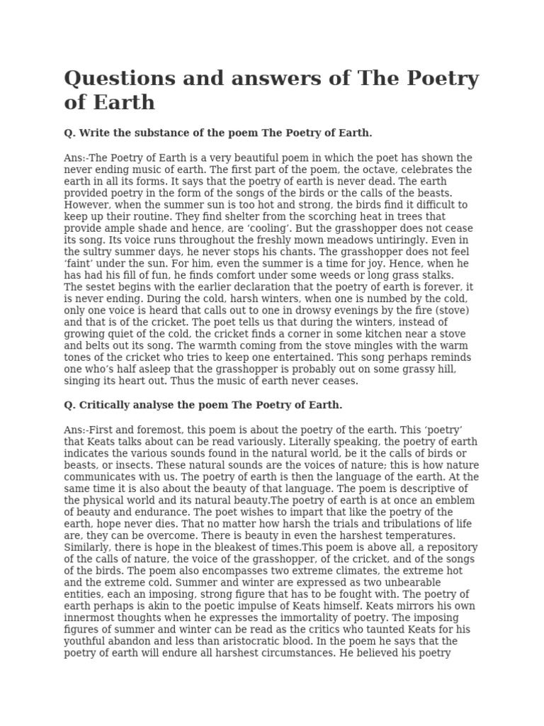 Questions and Answers of The Poetry of Earth | PDF | Poetry | John Keats