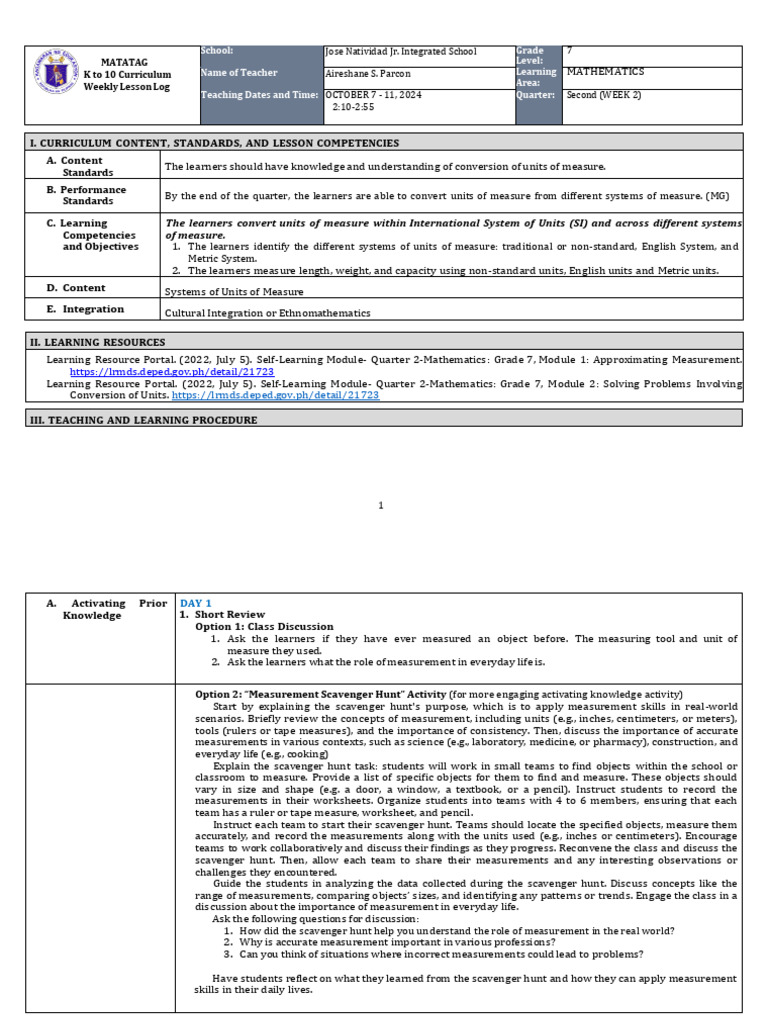 MATHEMATICS 7 Q2 W2 | PDF | Gallon | Measurement