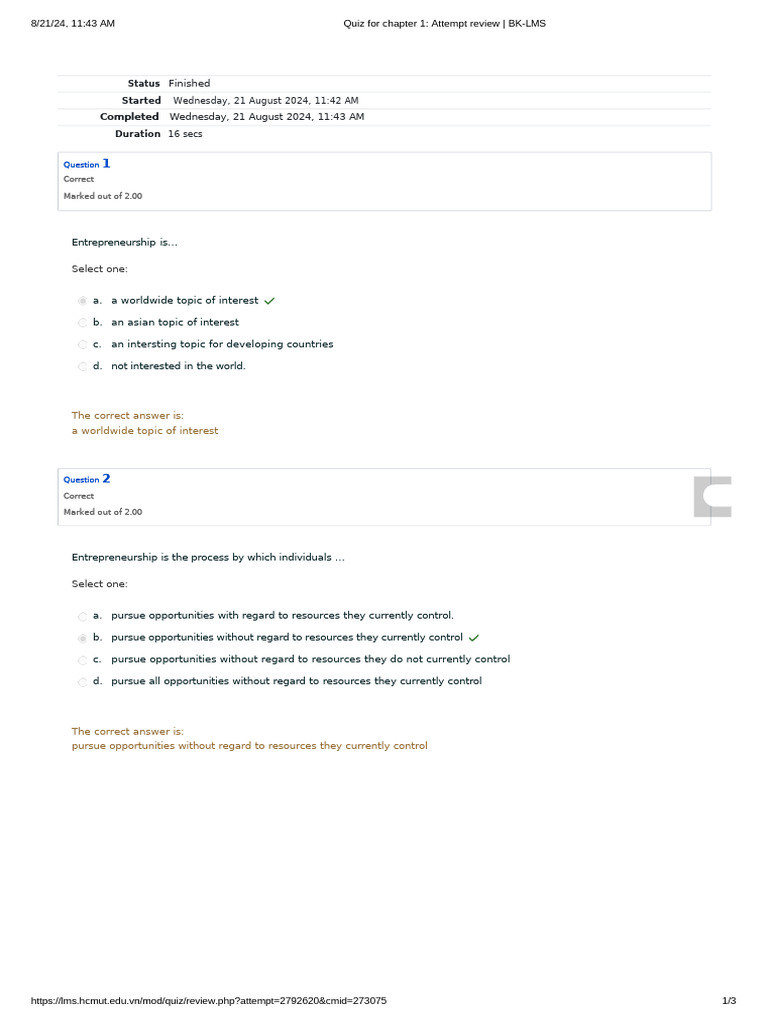 Quiz For Chapter 1 - Attempt Review - BK-LMS-đã G P | PDF | Entrepreneurship | Marketing