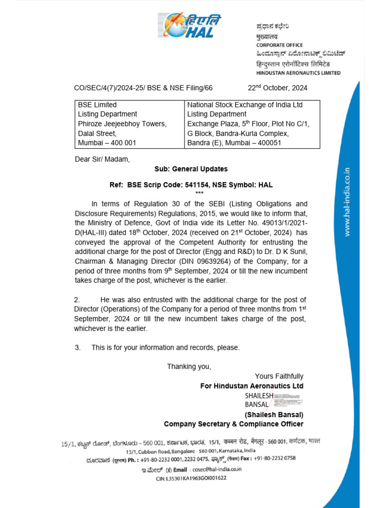 HAL Director Appointment Update | PDF | Securities (Finance ...