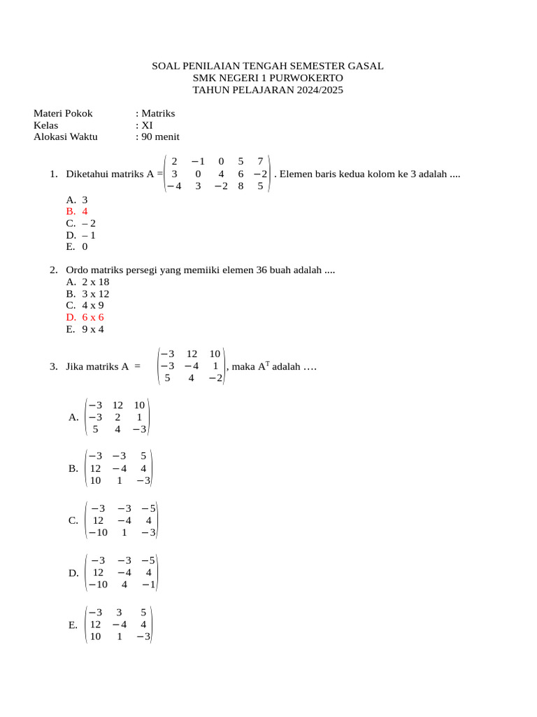 Soal Matriks PTS GSL 2024 | PDF
