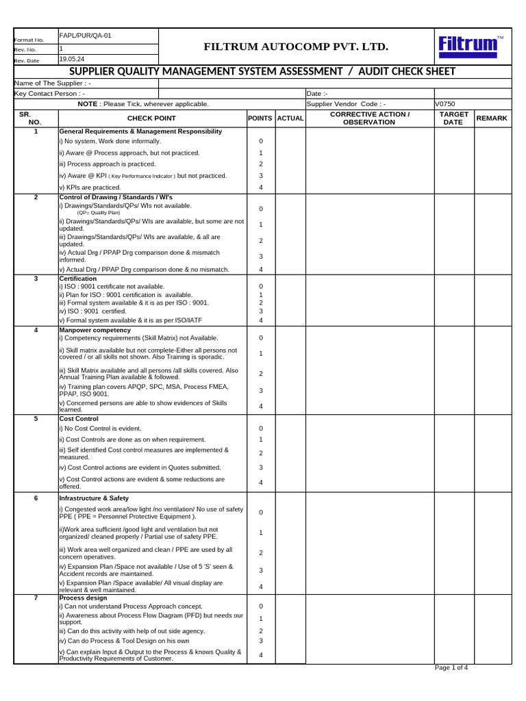 5 Annexure P2 (Supplier Assessment & Audit Check sheet | PDF | Audit | Calibration