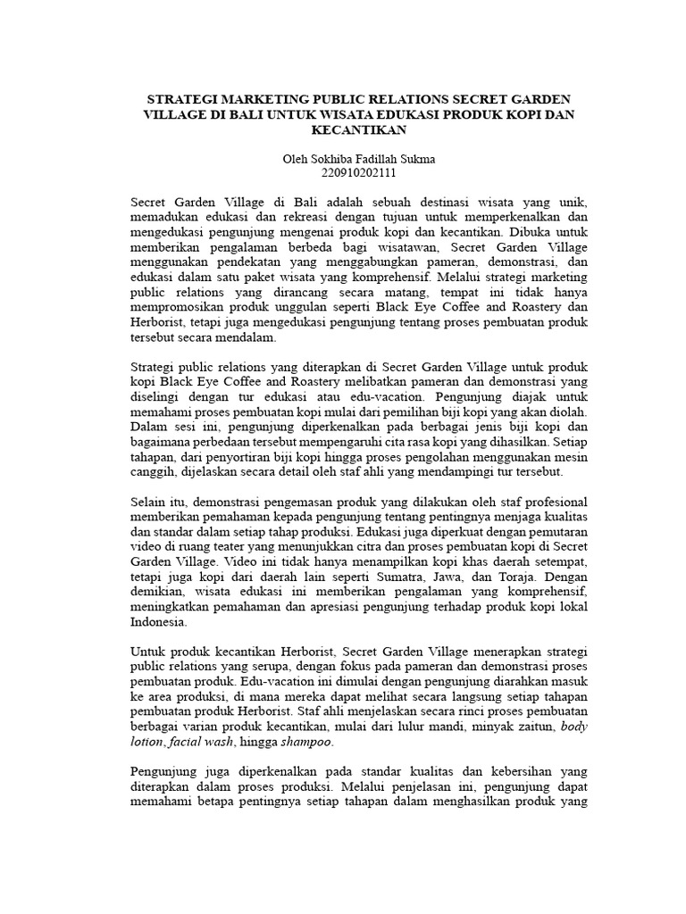 Sokhiba Fadillah Sukma - Uas Essay Marketing Public Relations Secret Garden Village Bali | PDF ...