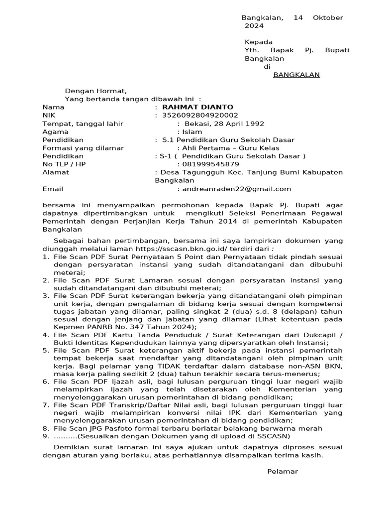 Surat Lamaran PPPK 2024 - Andre | PDF