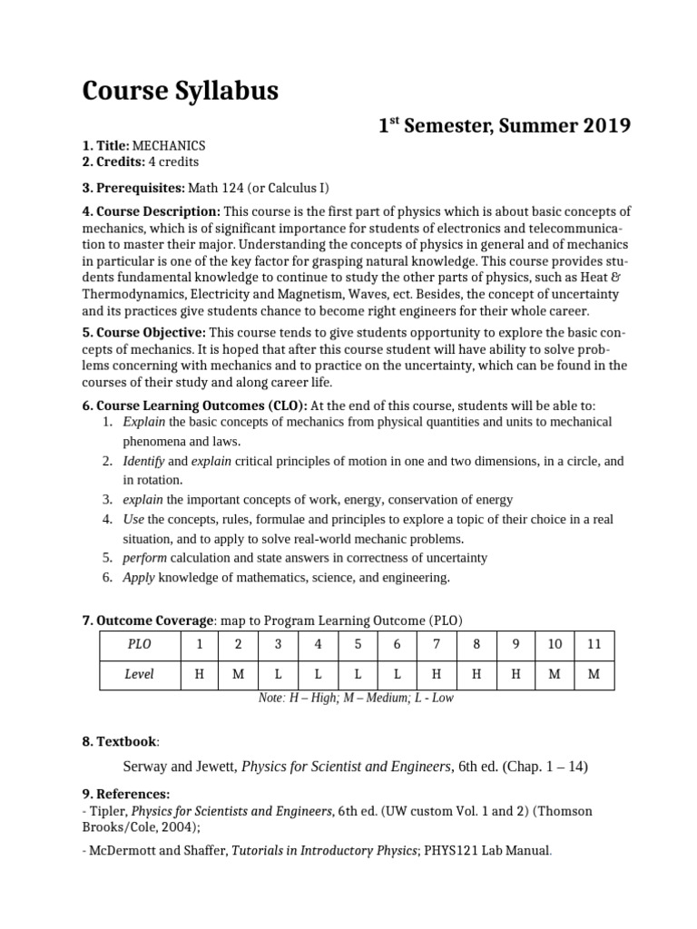 Physics 121 Syllabus | PDF | Rotation Around A Fixed Axis | Mechanics