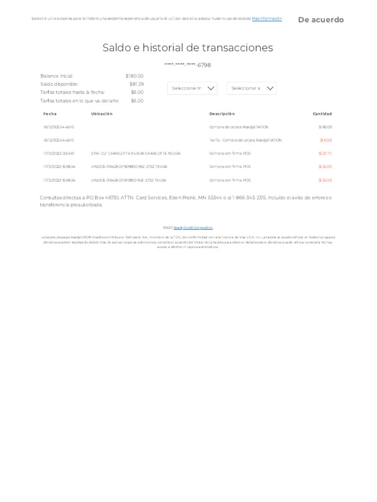 Saldo y Transacciones de ReadyCARD® | PDF | Visa Inc. | Tarjeta de débito