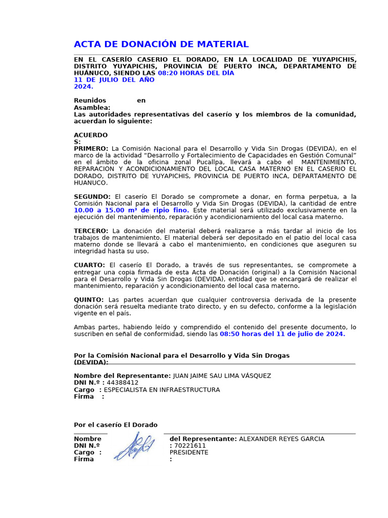 03 ACTA DE DONACIÓN DE MATERIAL [EL DORADO] | PDF