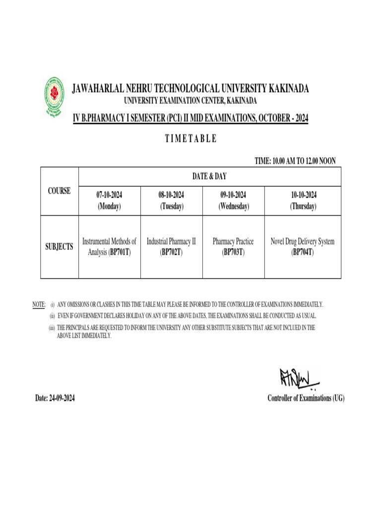 JNTUK B.pharmacy 4-1 Sem (PCI) 2nd Mid Exam Time Table Oct 2024 | PDF