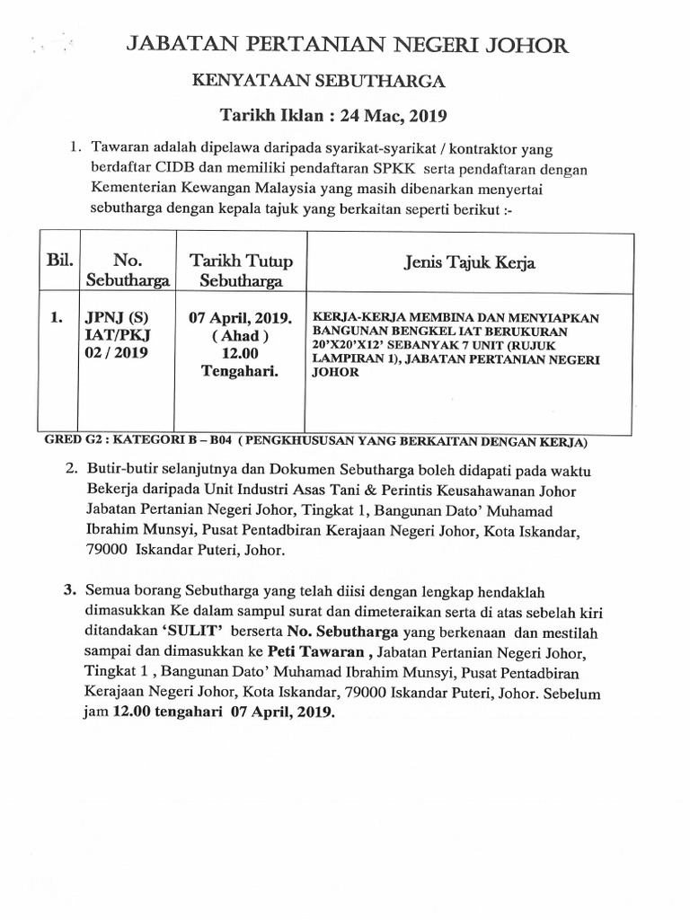 Kenyataan - Sebutharga - JPNJ Iatpkj 02 2019 | PDF