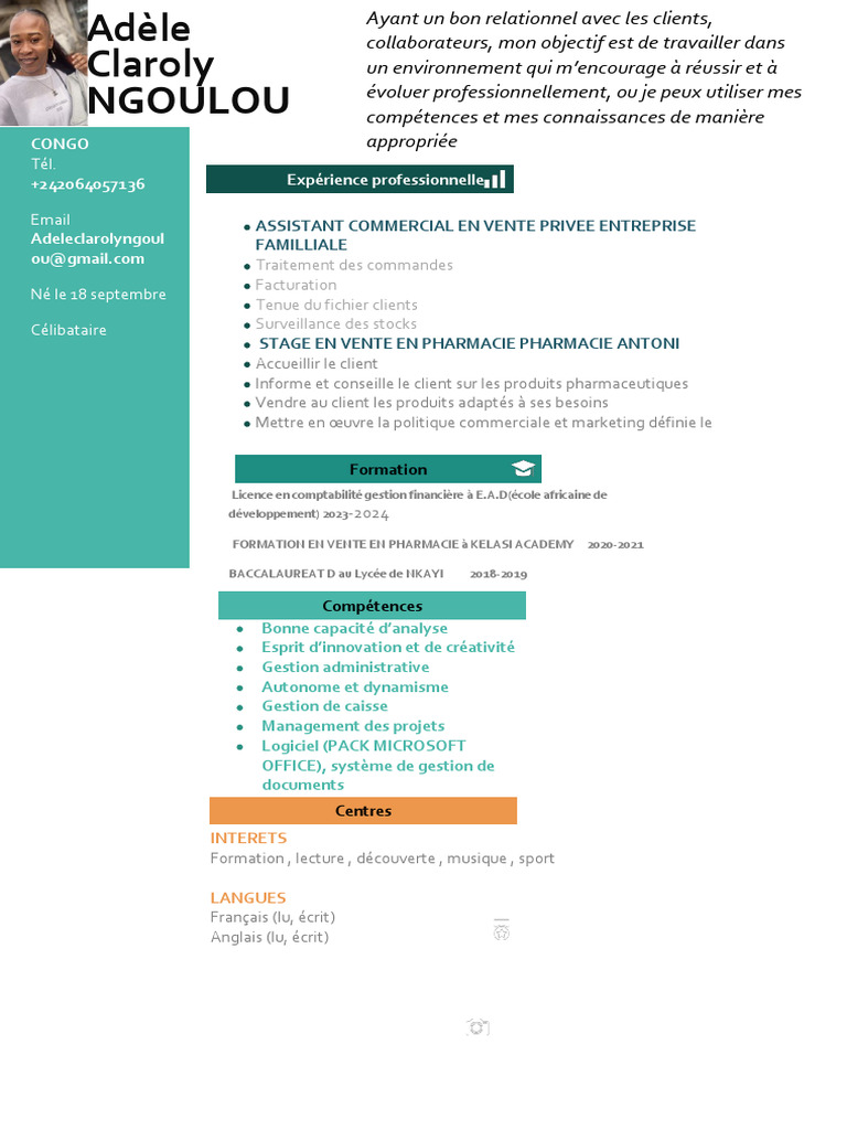 CV d'Adèle Claroly Ngoulou - Compétences en Vente et Comptabilité | PDF ...