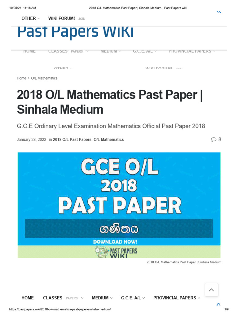 2018 O - L Mathematics Past Paper - Sinhala Medium - Past Papers Wiki | PDF