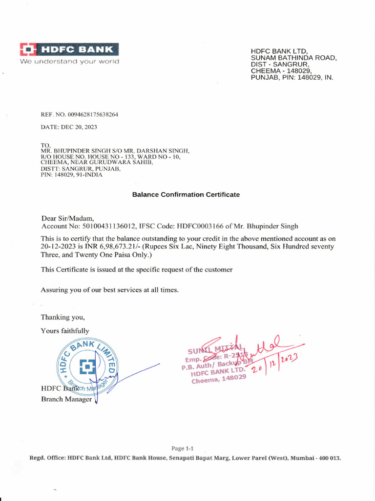 Bank Statement & Balance Certificate | PDF