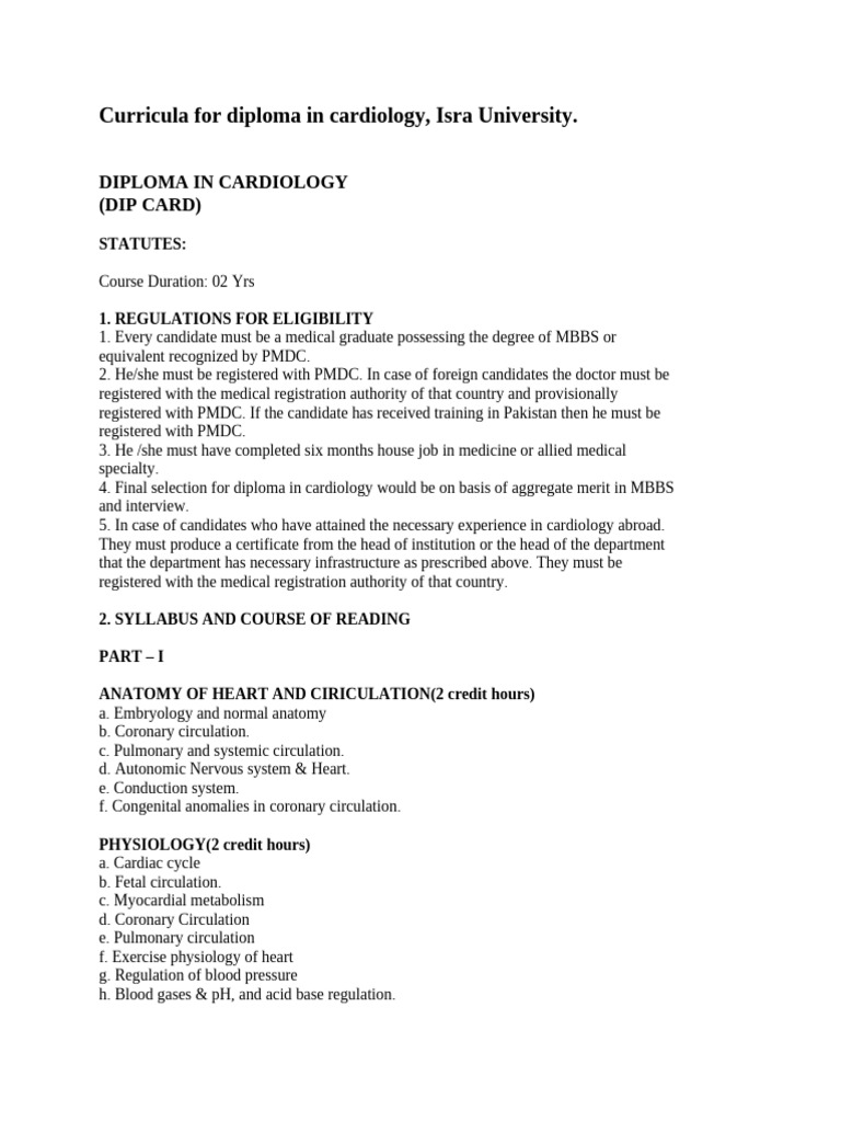 Curricula For Diploma in Cardiology - Docx 1.docx 1 | PDF | Heart ...