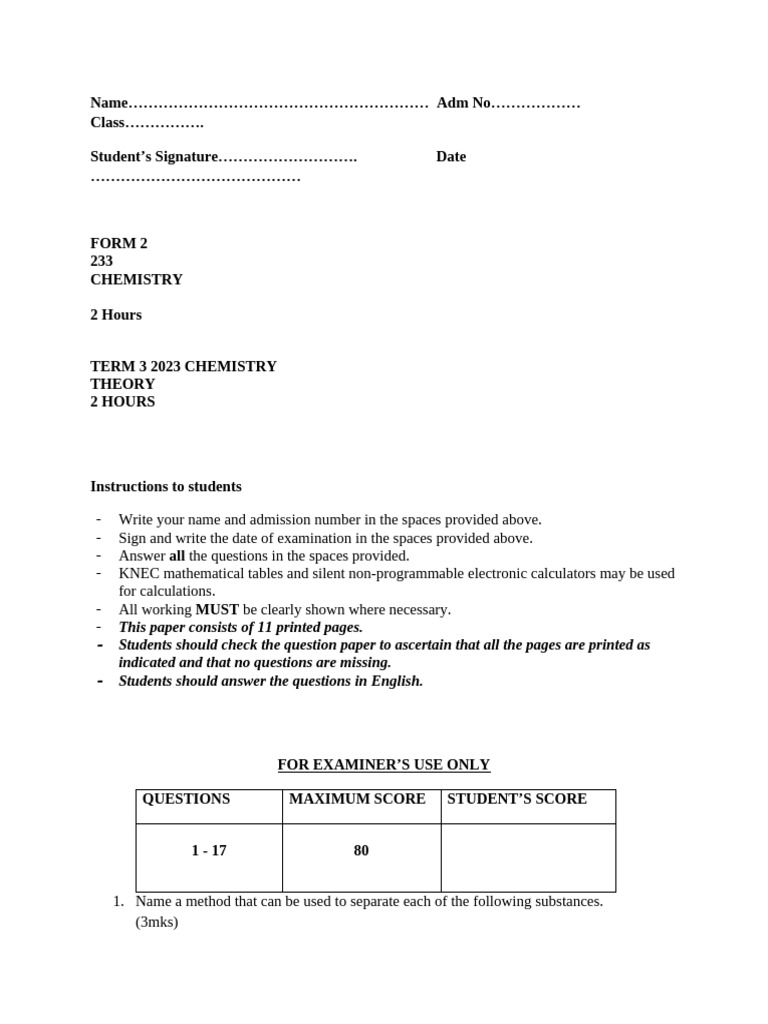 Chemistry F2 Term 3 2023T 2024teacher - Co - .Ke | PDF | Ion | Chlorine