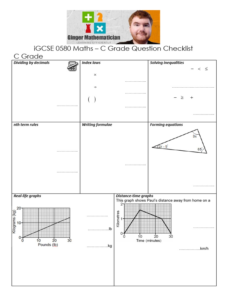 iGCSE 0580 Maths C Grade Checklist | PDF | Area | Factorization