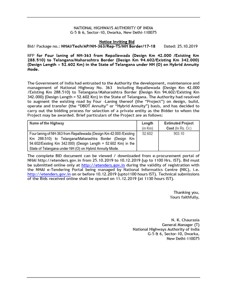 Name of The Highway Length Estimated Project Cost: (In KM) (In Rs. CR.) 52.602 903.10 | PDF ...