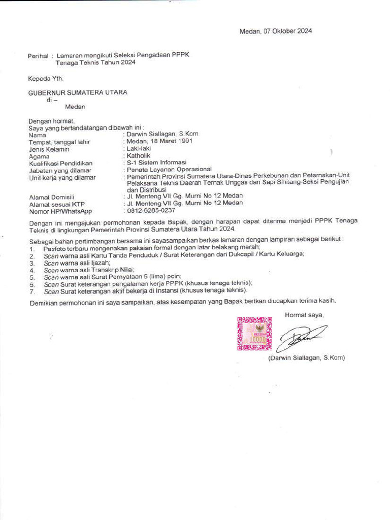 Surat Lamaran Darwin Siallagan | PDF