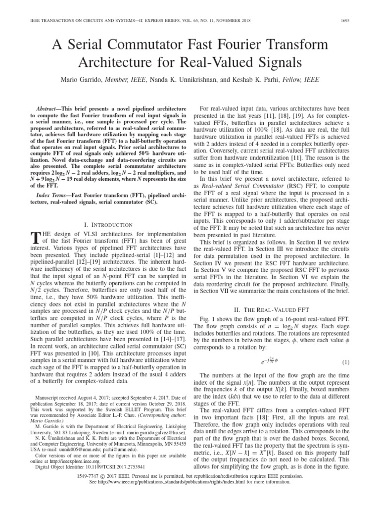 A Serial Commutator Fast Fourier Transform Architecture For Real Valued Signals Pdf Fast