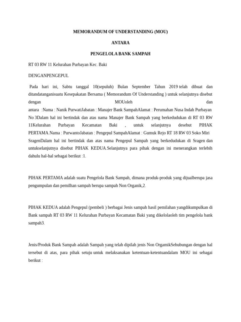 Mou Bank Sampah | PDF | Hukum