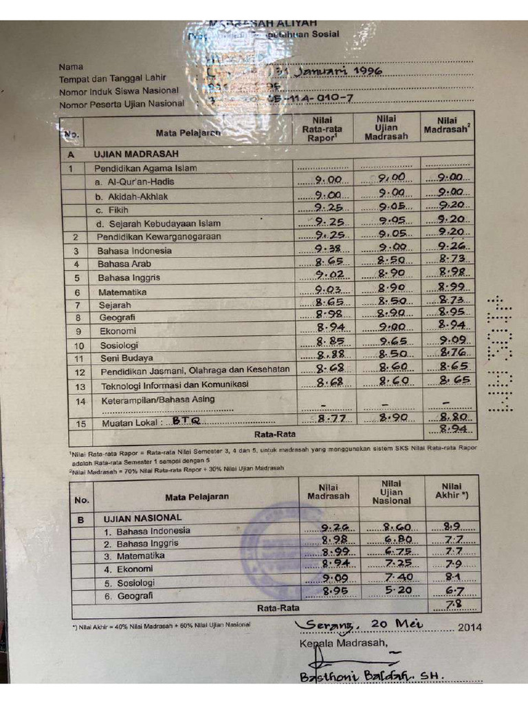 Daftar Nilai SMA | PDF