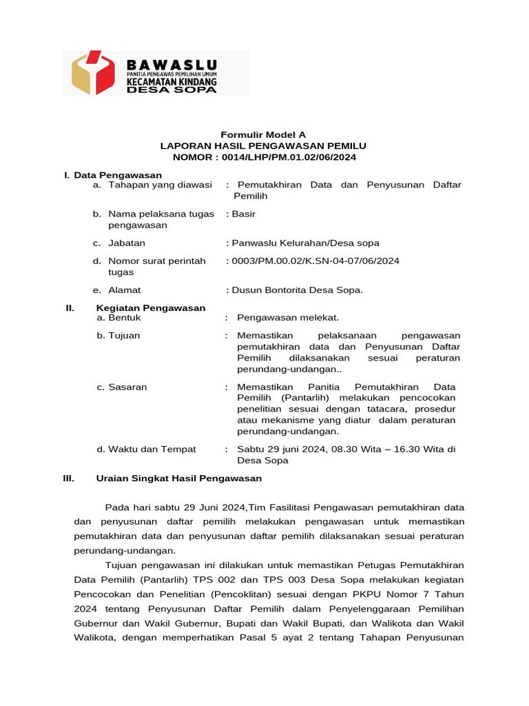 Formulir Model A Sopa 0014 29 - 06-2024 | PDF