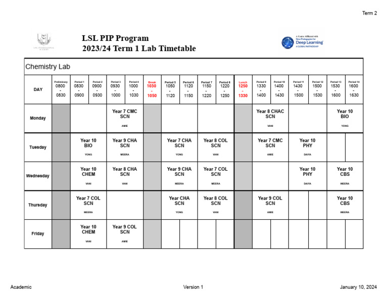 Chemistry Lab Usage Timetable - Term 2 | PDF