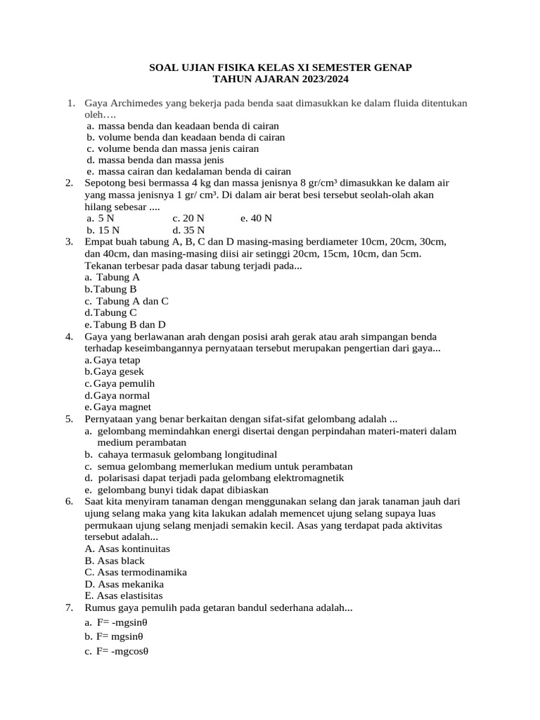 Soal Ujian Fisika Kelas Xi Semester Genap 2024 | PDF