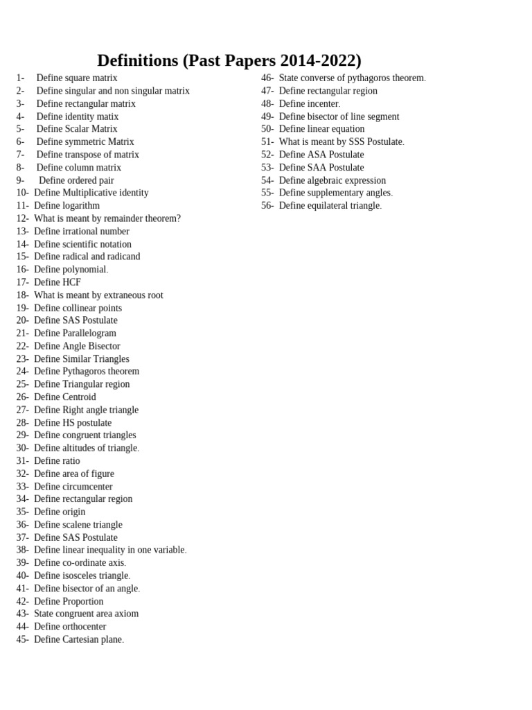 Past Papers Definitions | PDF