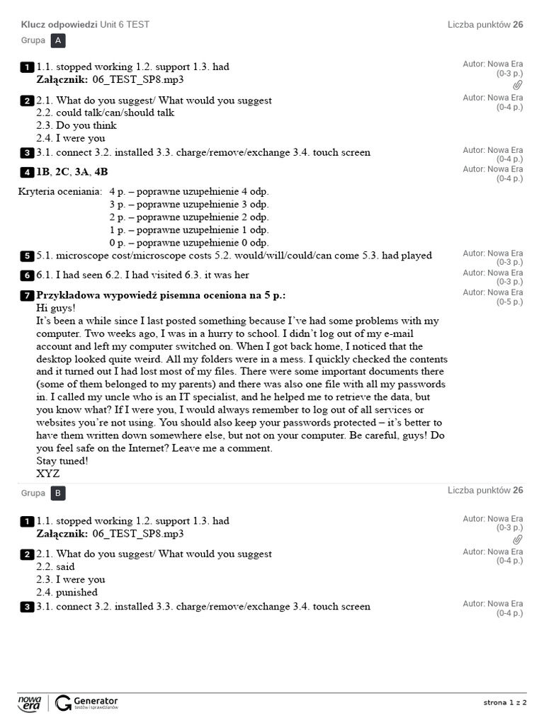 Unit 6 TEST Klucz Odpowiedzi | PDF | Computer File | Computing