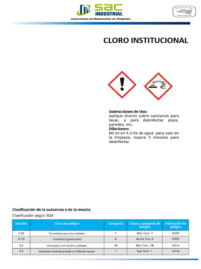 Pictogramas y Ficha Técnica del Cloro | PDF | Agua | Cloro