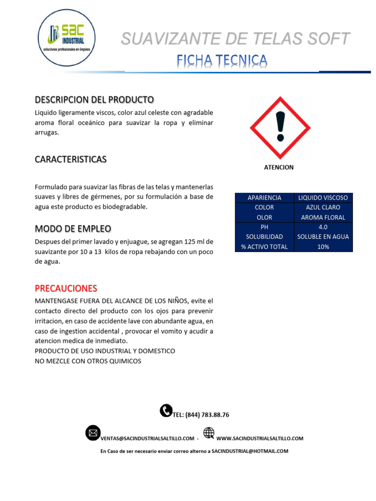 Ficha Tecnica Suavizante de Telas Soft Sac 2024 PDF | PDF