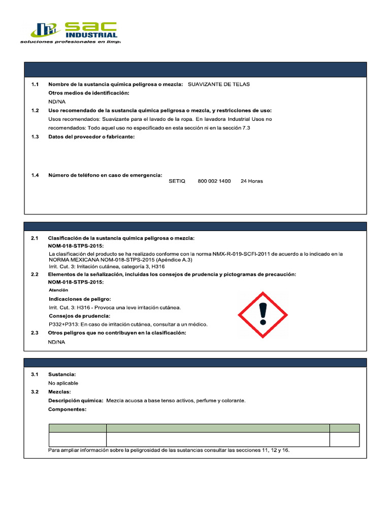 HOJA DE SEGURIDAD SUAVIZANTE DE TELAS SOFT PICOTGRAMAS 2024 PDF | PDF | Toxicidad | Residuos