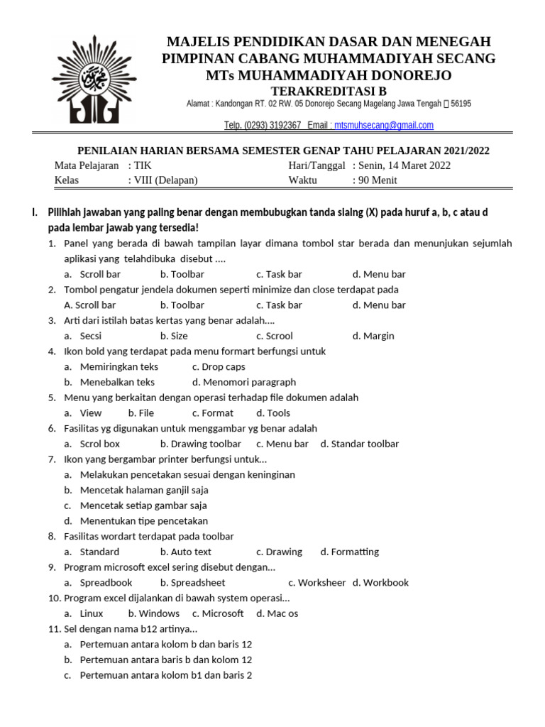 Soal PHB Genap TIK 8 | PDF